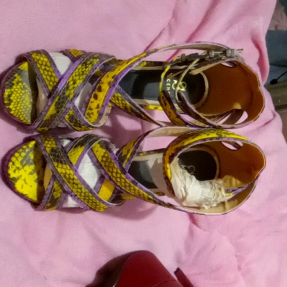 Shoe Dazzle | Shoes | Purple And Yellow Snake Print Strap Heels | Poshmark